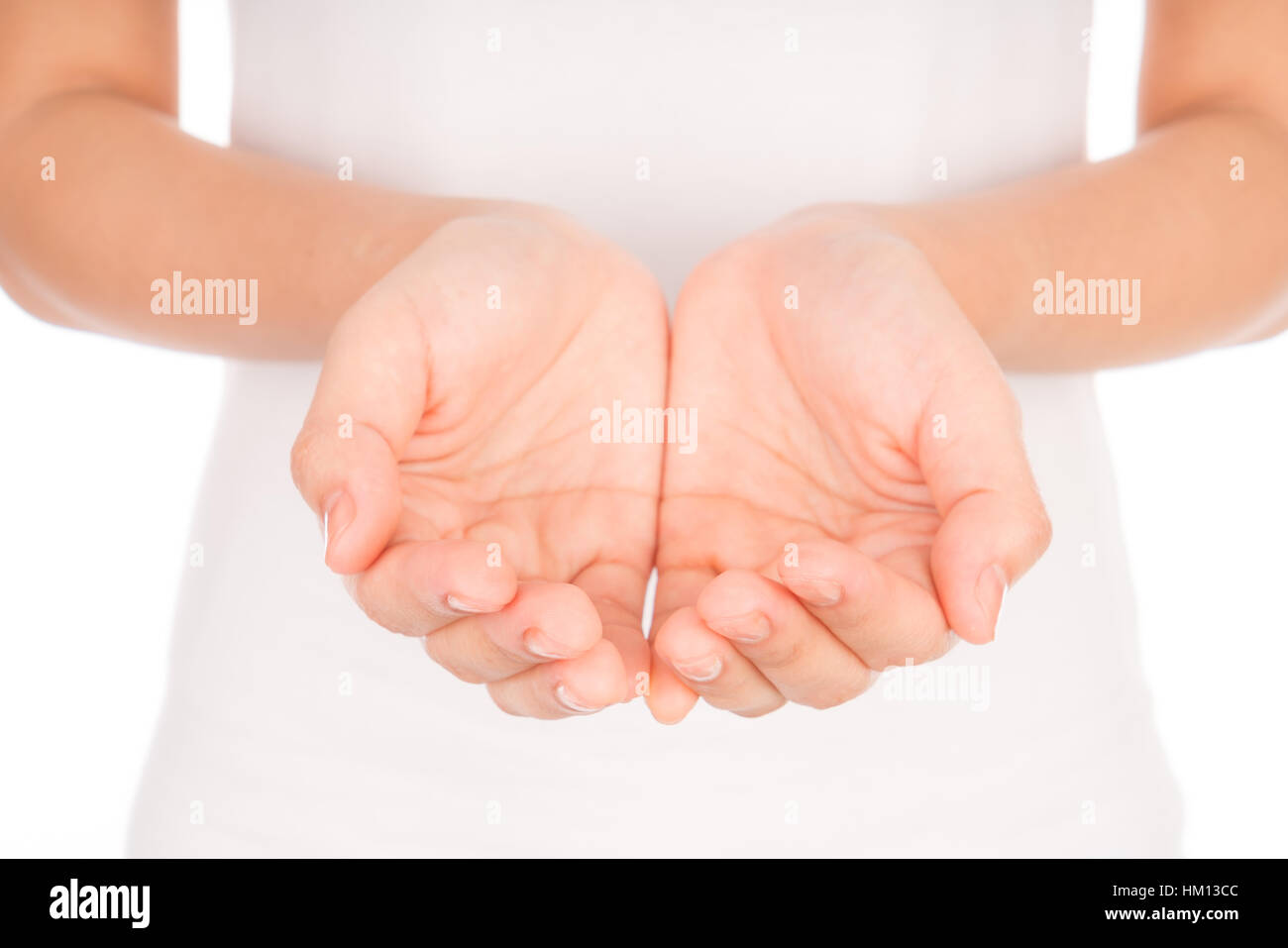 Empty woman hands over body isolated on background Stock Photo - Alamy