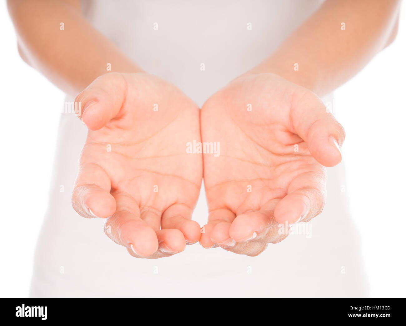 Empty woman hands over body isolated on background Stock Photo - Alamy