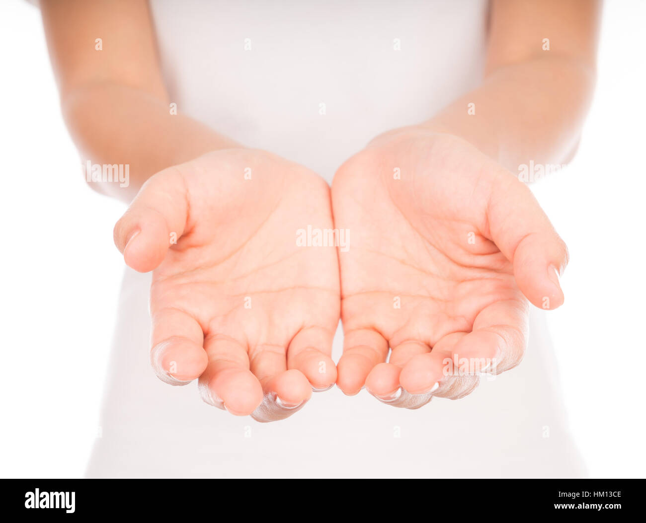 Empty woman hands over body isolated on background Stock Photo - Alamy