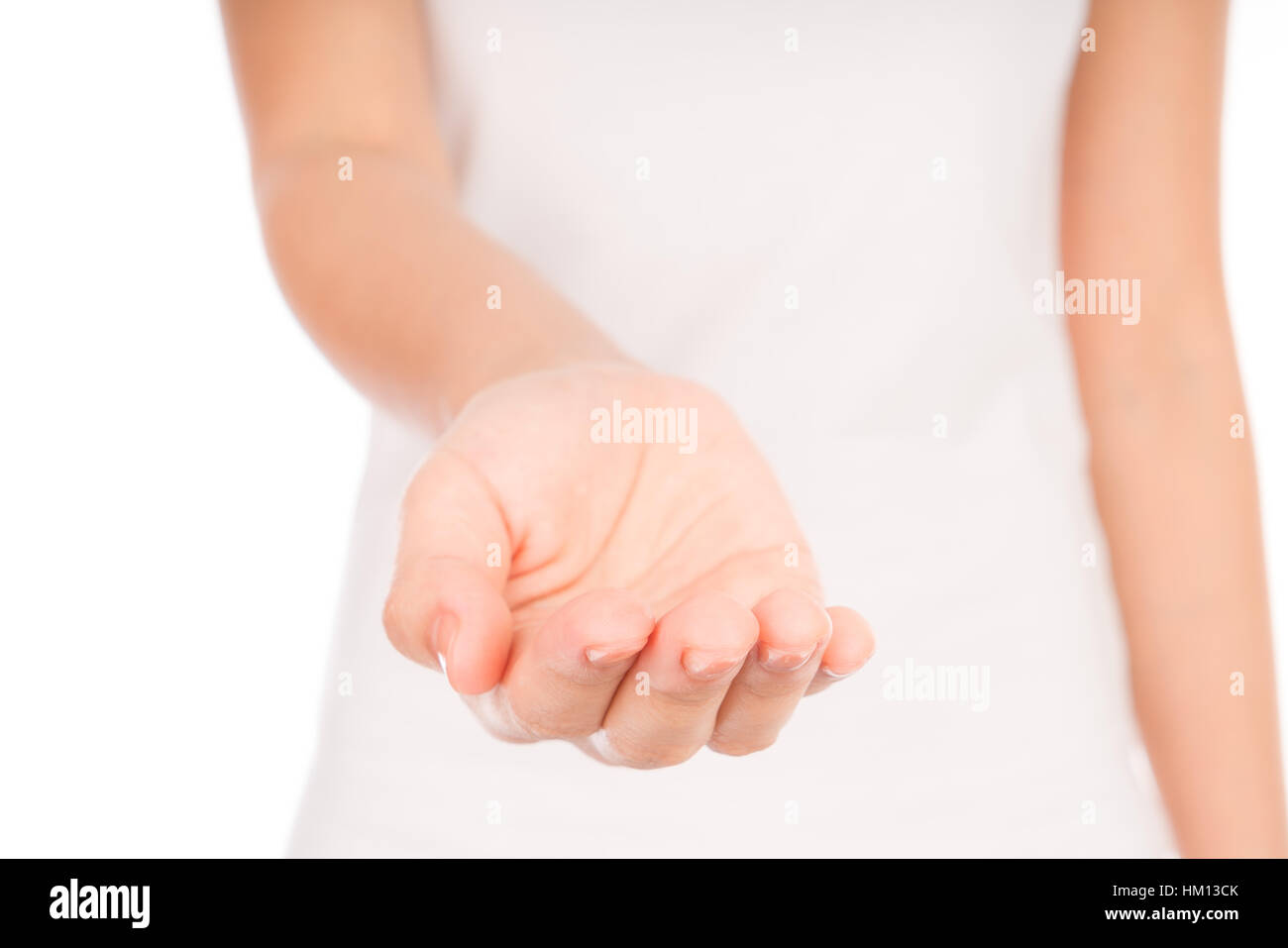 Empty woman hands over body isolated on background Stock Photo - Alamy