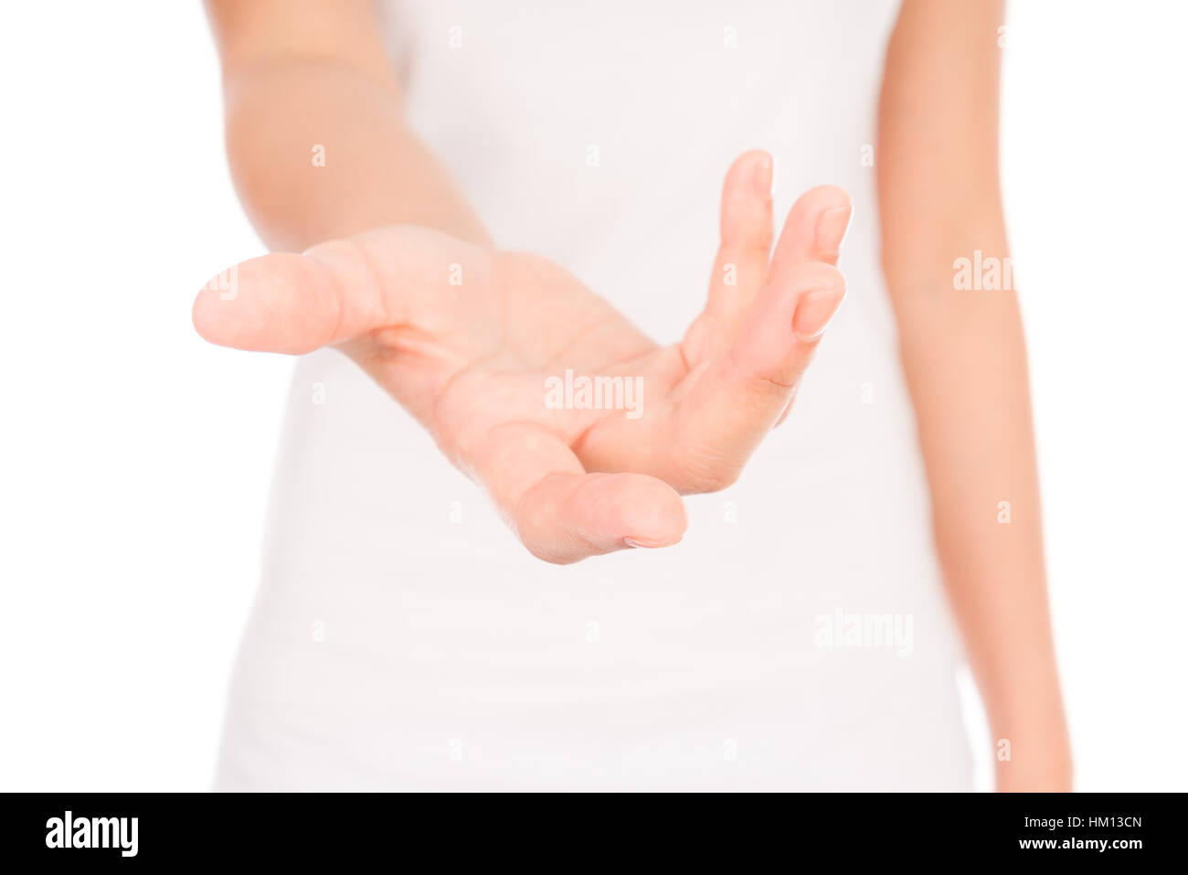 Empty woman hands over body isolated on background Stock Photo - Alamy