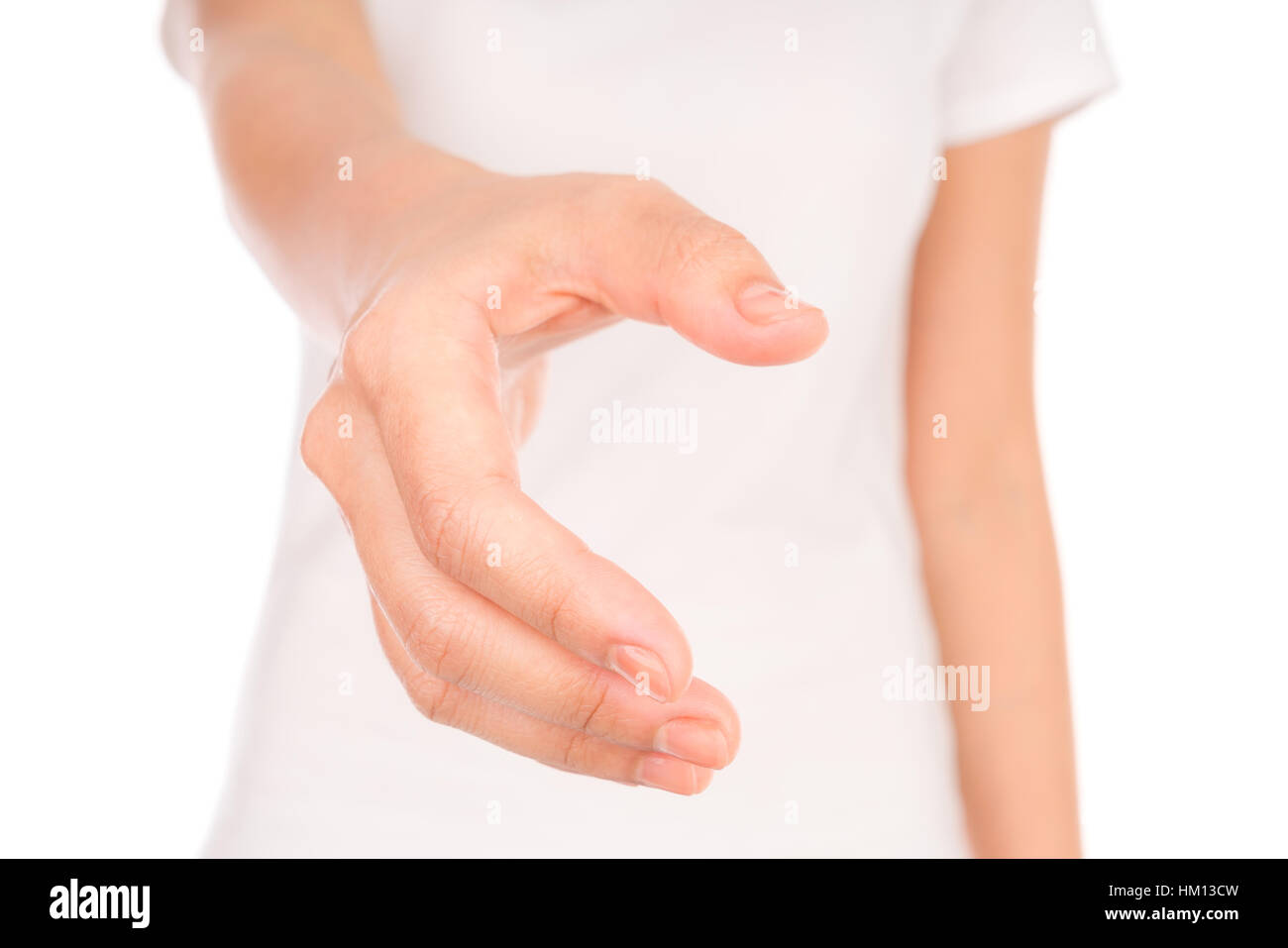 Empty woman hands over body isolated on background Stock Photo - Alamy
