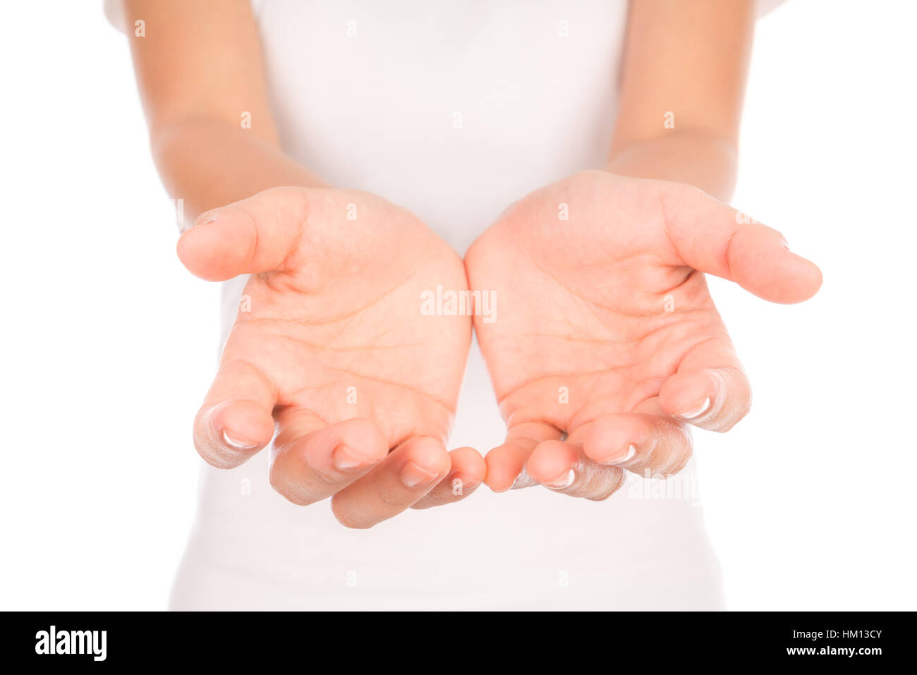 Empty woman hands over body isolated on background Stock Photo - Alamy