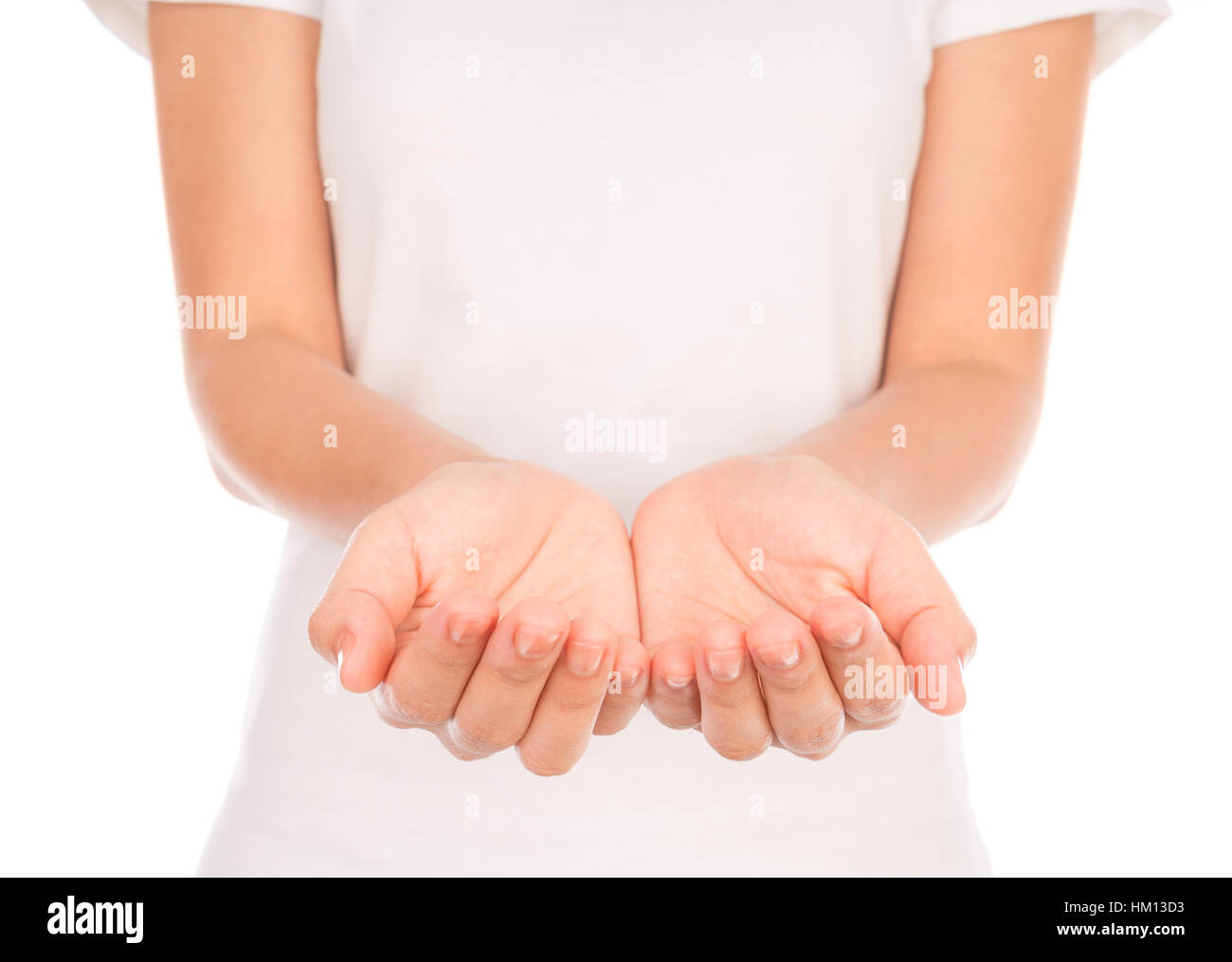 Empty woman hands over body isolated on background Stock Photo - Alamy