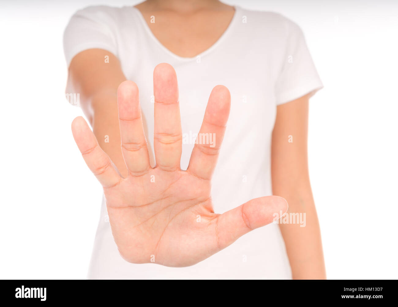 Empty woman hands over body isolated on background Stock Photo - Alamy