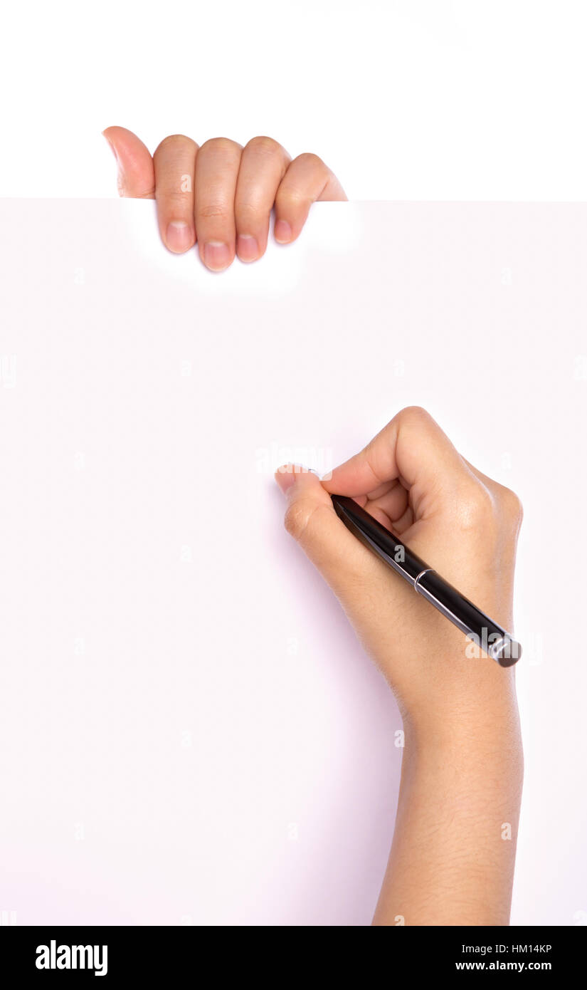 Hands with pen over paper isolated on white background Stock Photo - Alamy