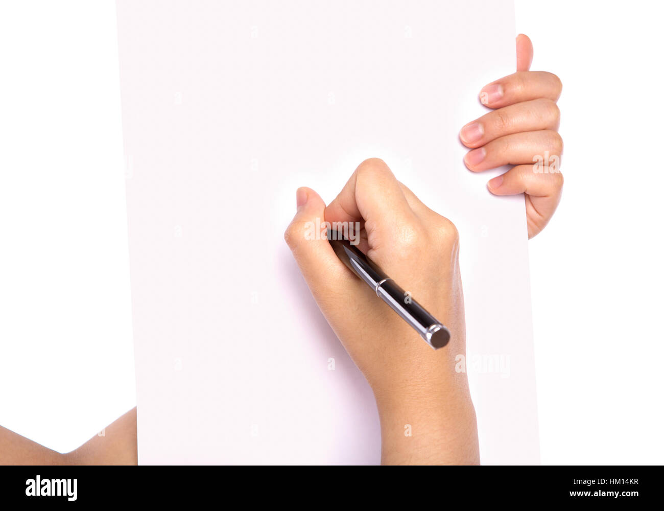 Hands with pen over paper isolated on white background Stock Photo - Alamy