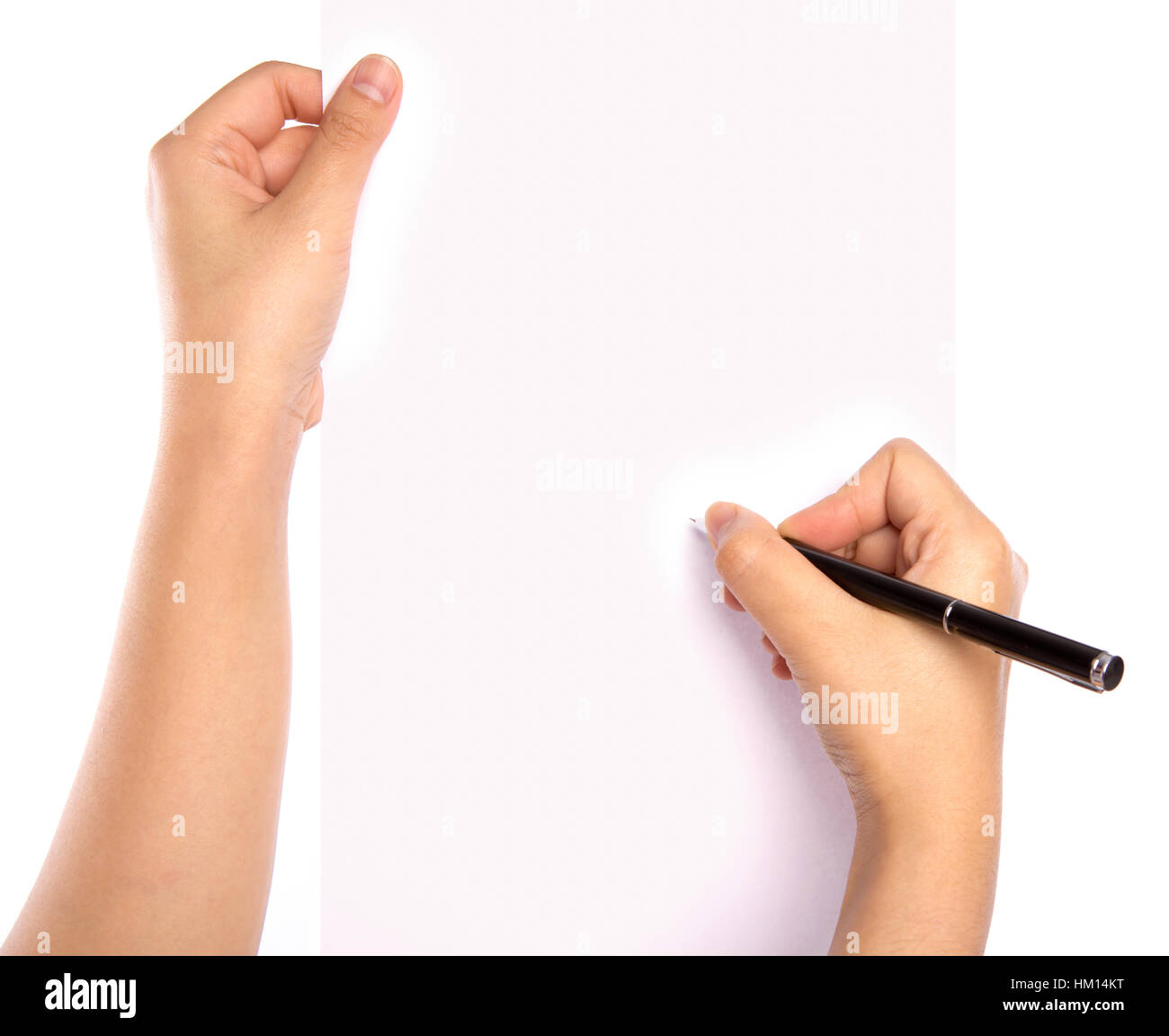 Hands with pen over paper isolated on white background Stock Photo - Alamy
