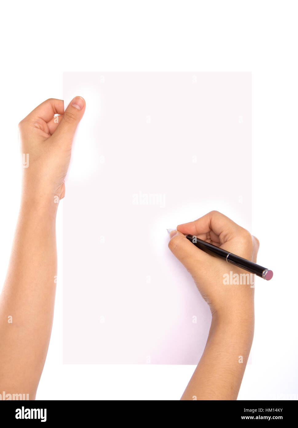 Hands with pen over paper isolated on white background Stock Photo - Alamy