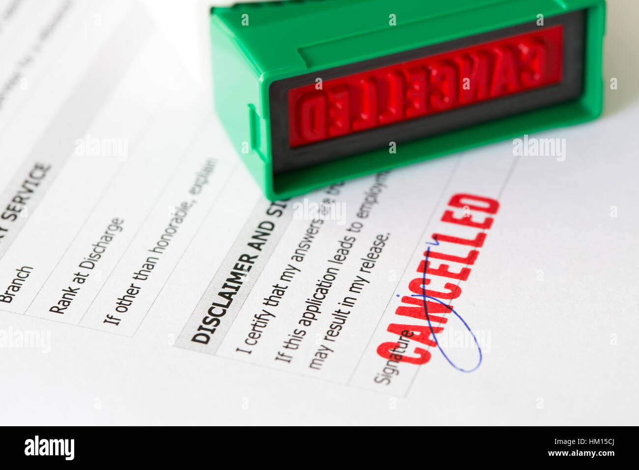 cancelled letter rubber stamp on application form Stock Photo - Alamy