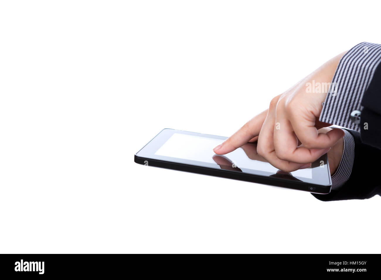 Business man using a touch screen device against white background Stock ...