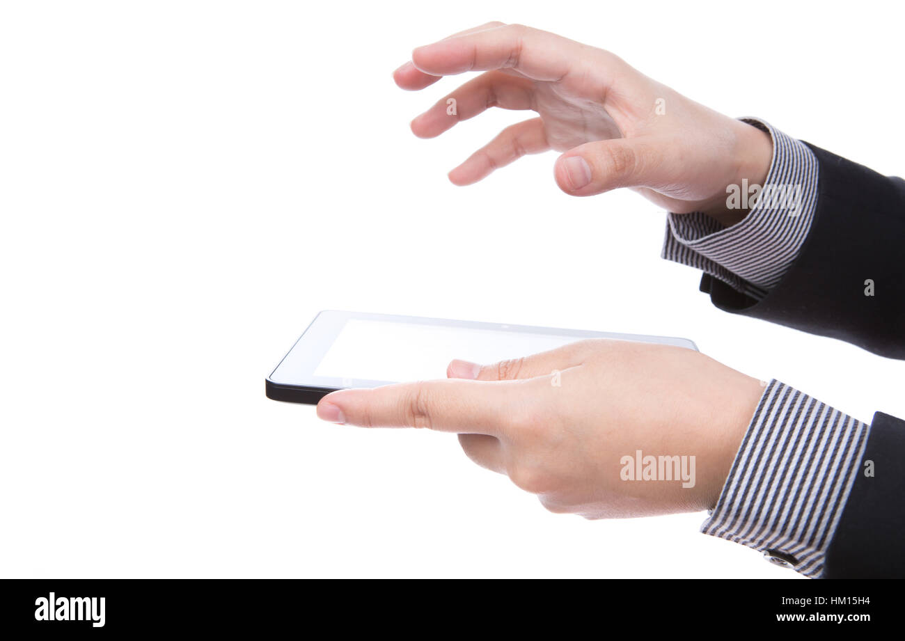 Business man using a touch screen device against white background Stock ...