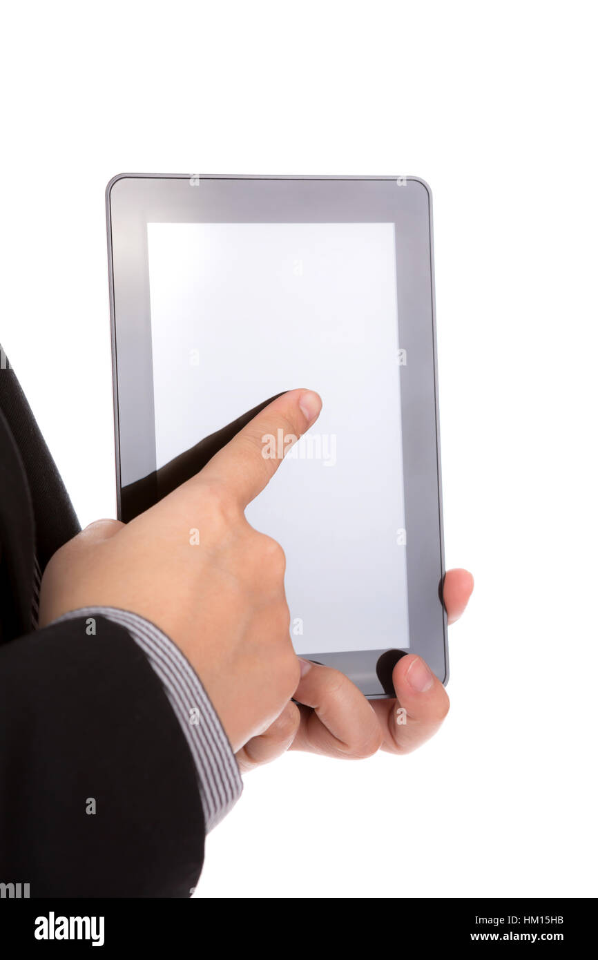 Business man using a touch screen device against white background Stock ...