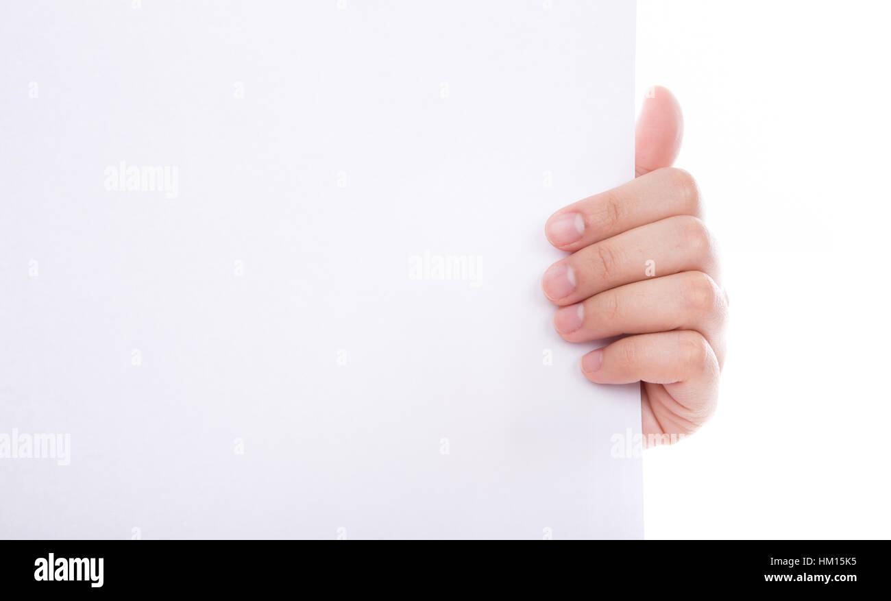 Woman hand holding white empty paper isolated on white background Stock ...