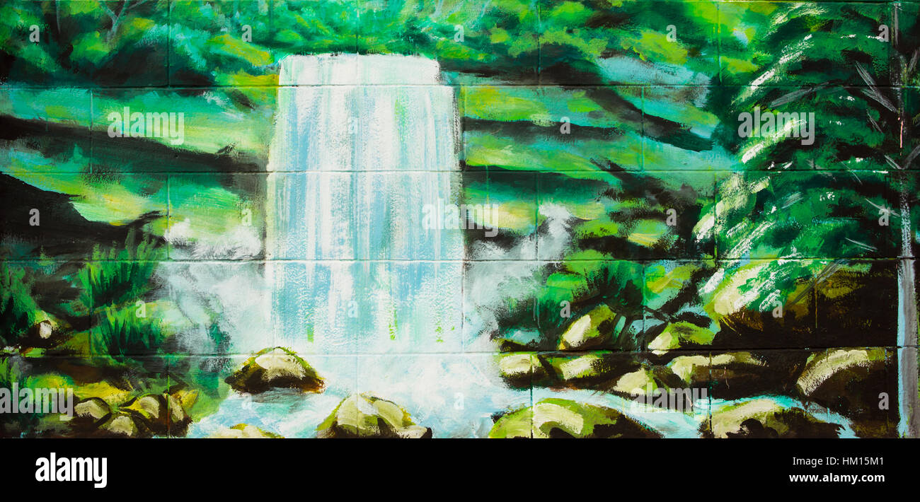Vintage waterfall Oil Painting on wall Stock Photo - Alamy