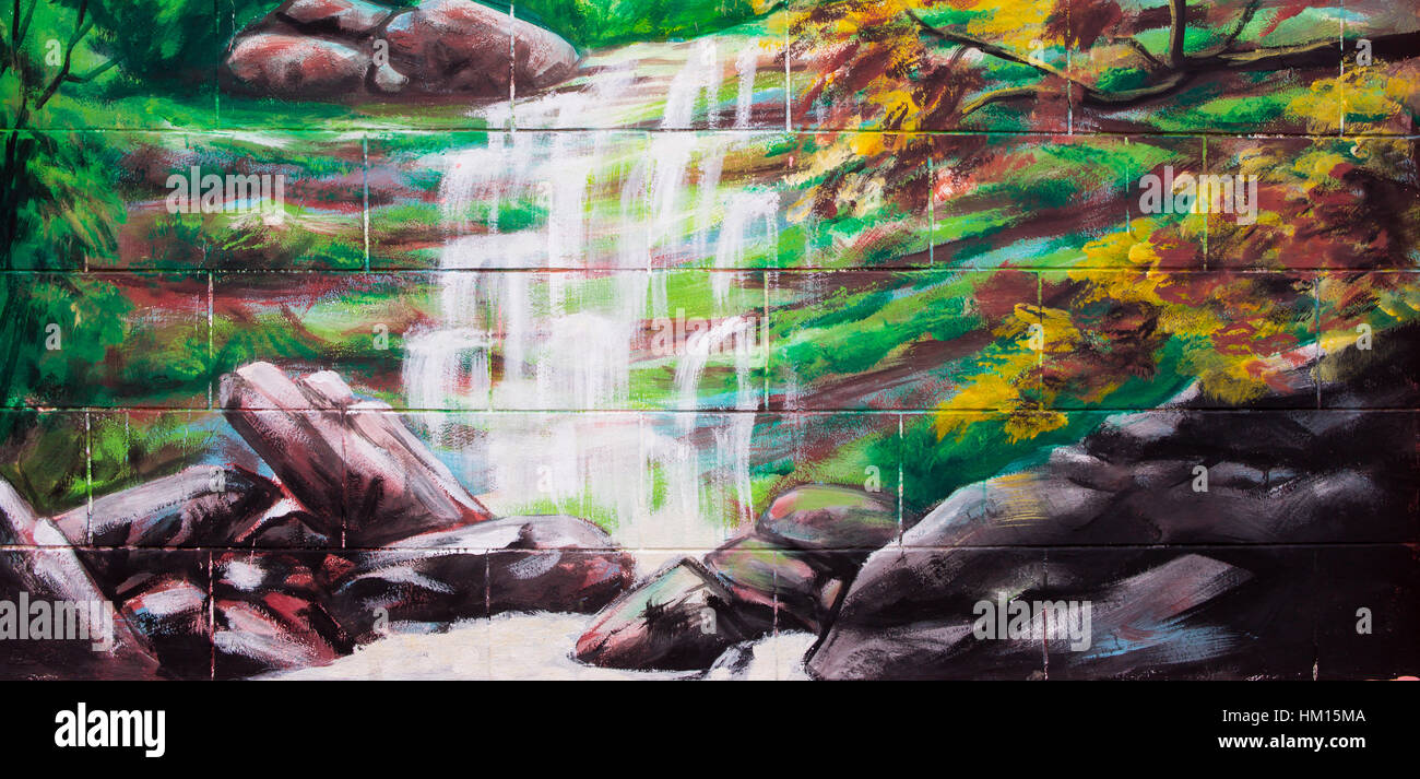 Vintage waterfall Oil Painting on wall Stock Photo - Alamy