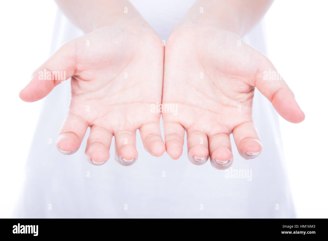 Empty woman hands over body isolated on background Stock Photo - Alamy