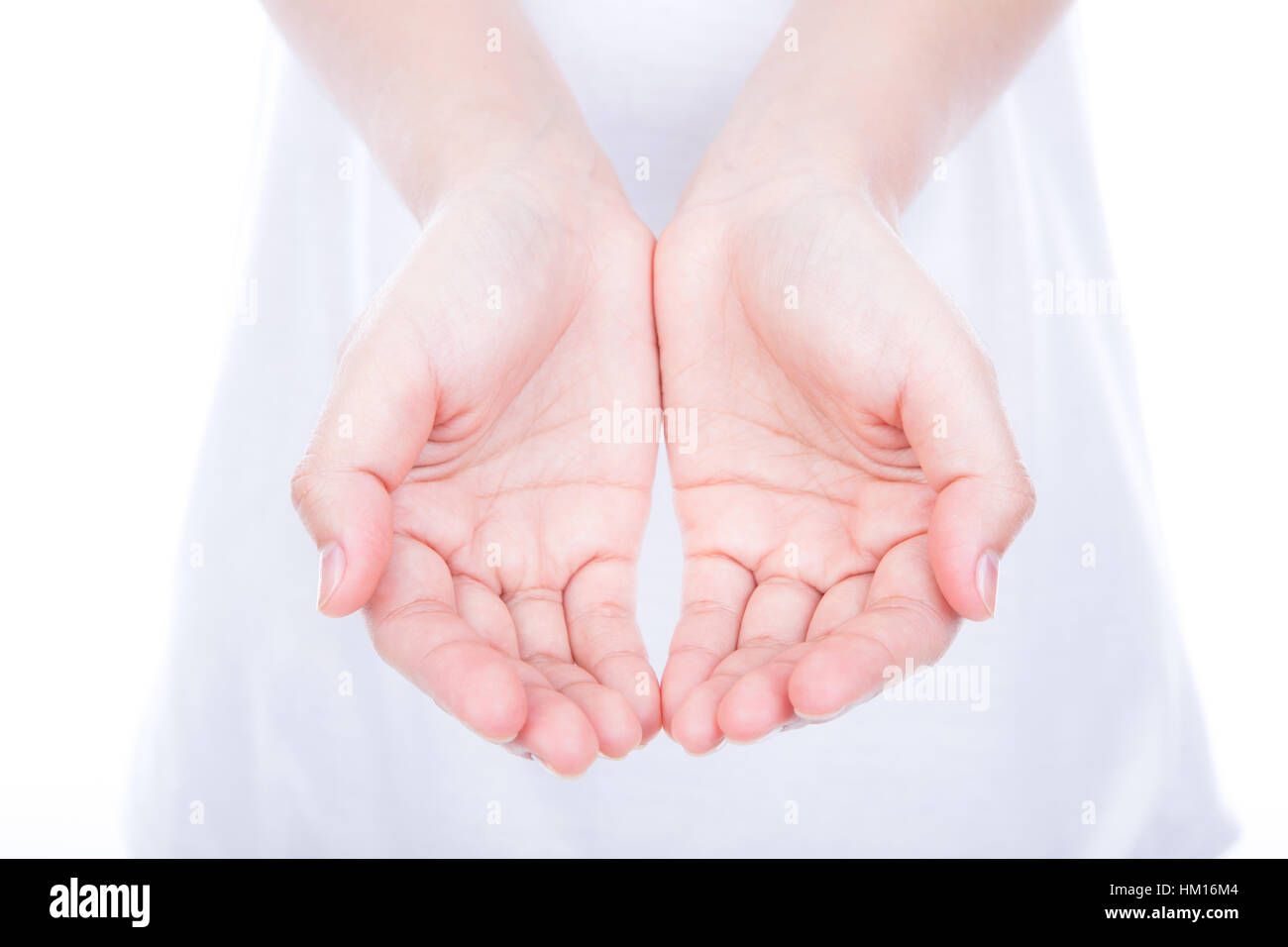 Empty woman hands over body isolated on background Stock Photo - Alamy