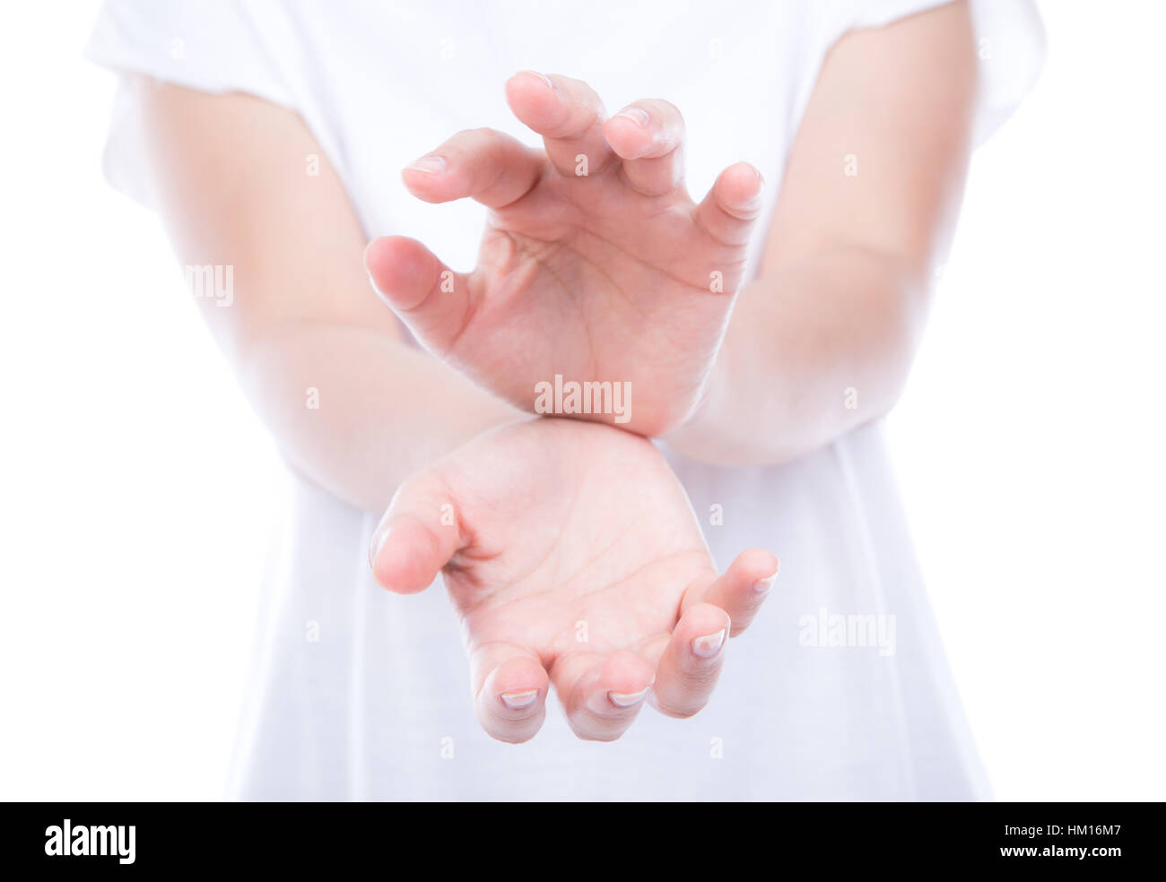 Empty woman hands over body isolated on background Stock Photo - Alamy