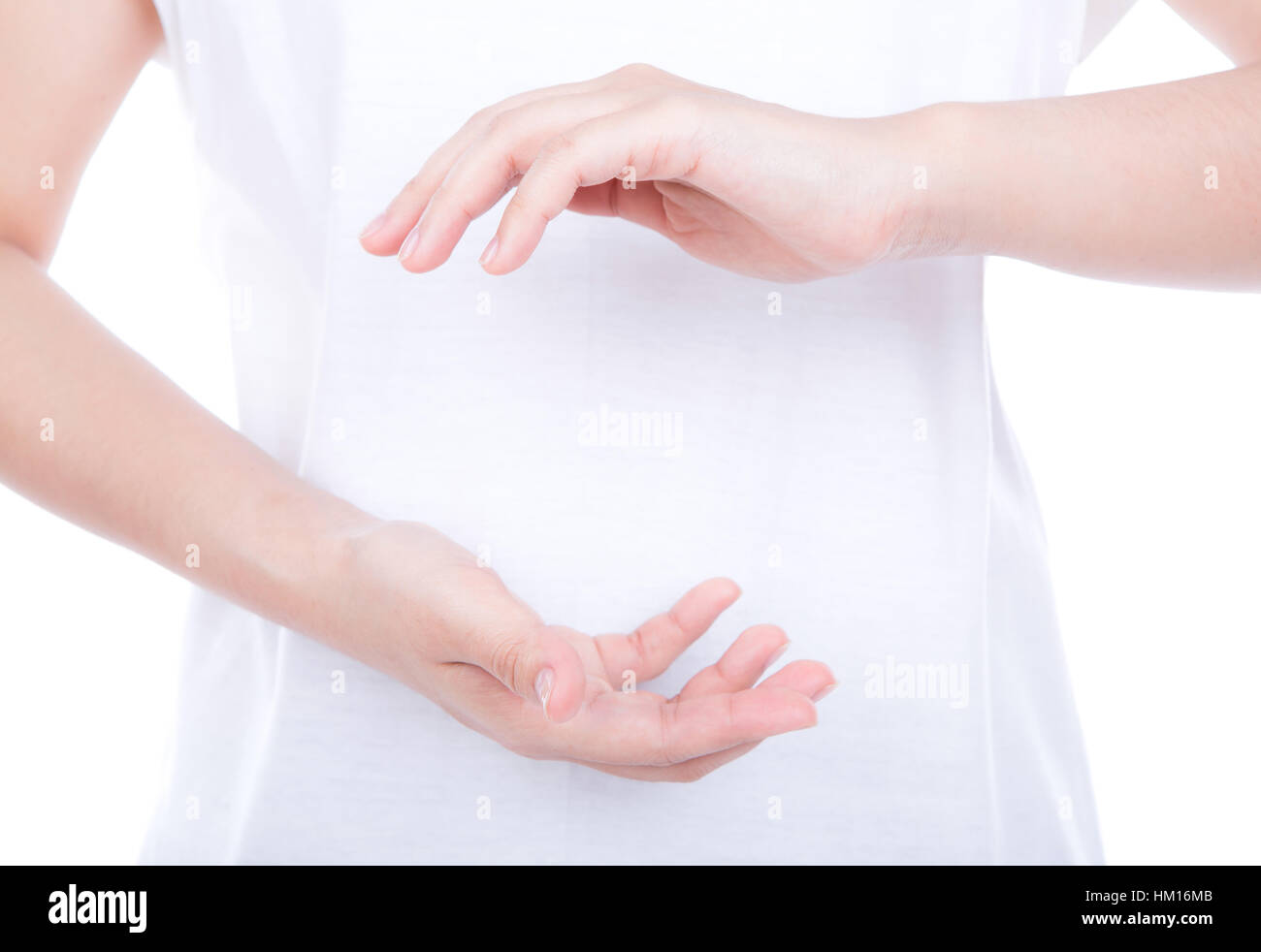 Empty woman hands over body isolated on background Stock Photo - Alamy
