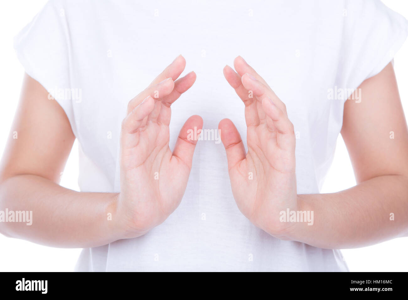 Empty woman hands over body isolated on background Stock Photo - Alamy