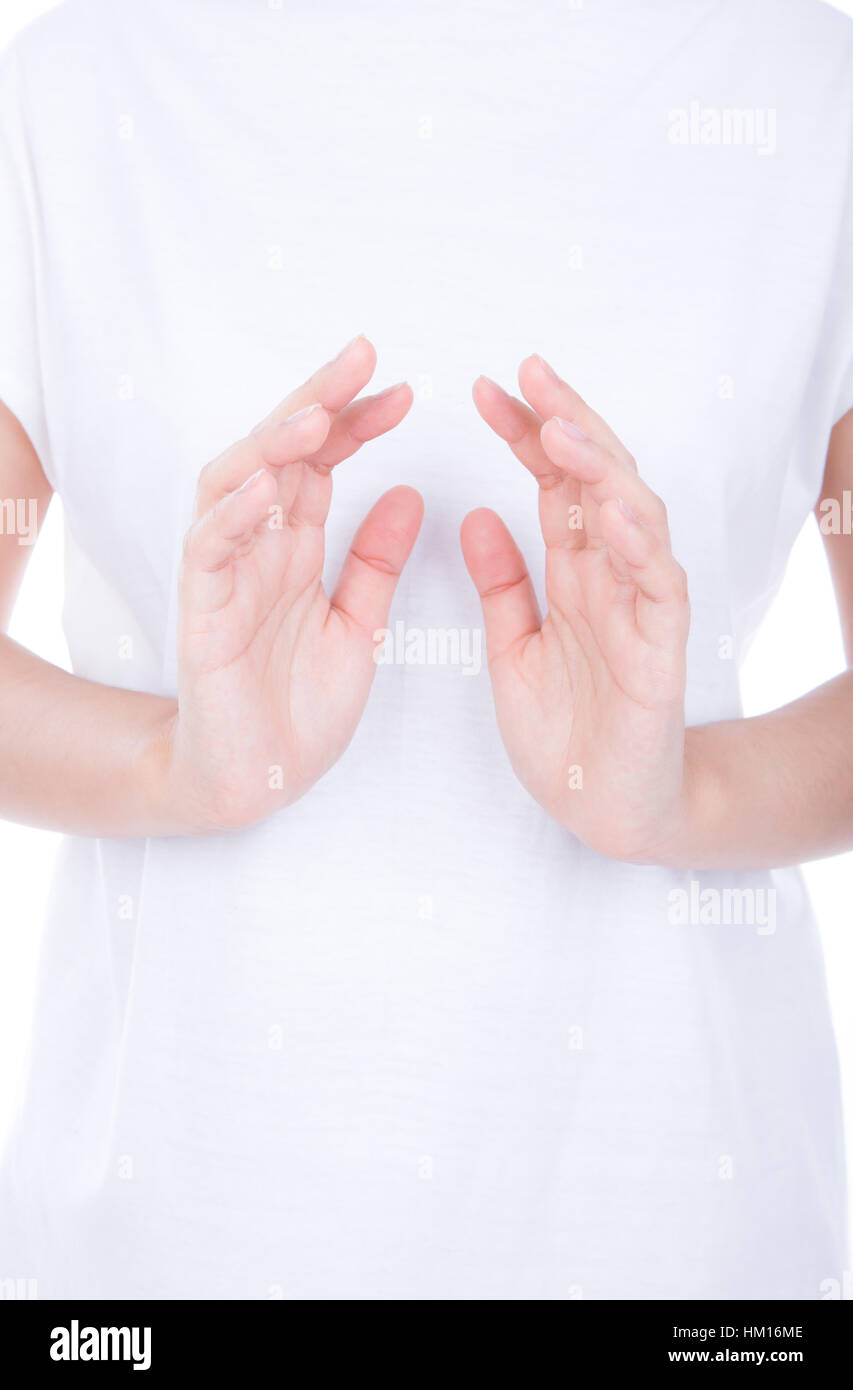Empty woman hands over body isolated on background Stock Photo - Alamy