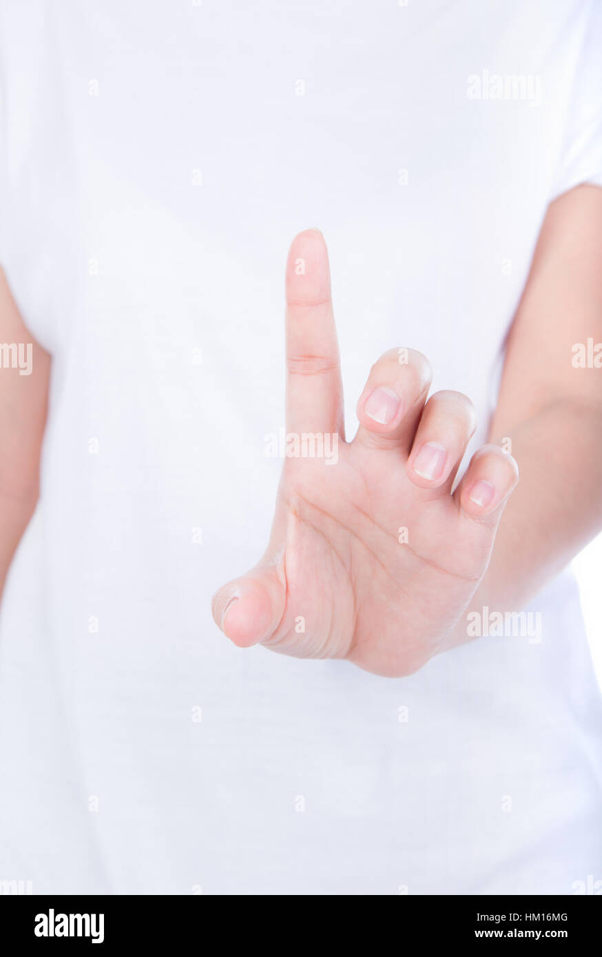 Woman hand simulating pressing a button over body isolated on ...