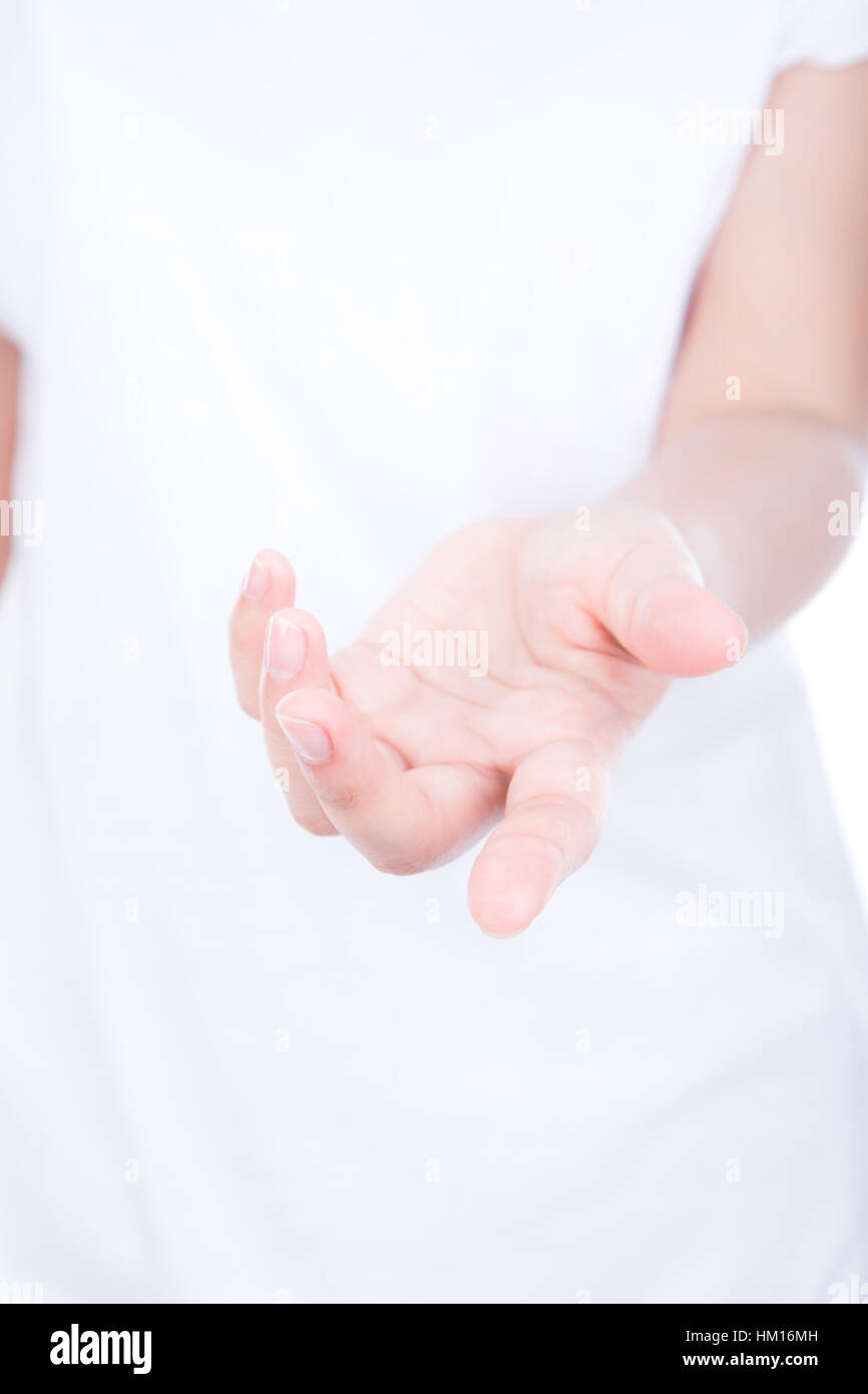Empty woman hands over body isolated on background Stock Photo - Alamy