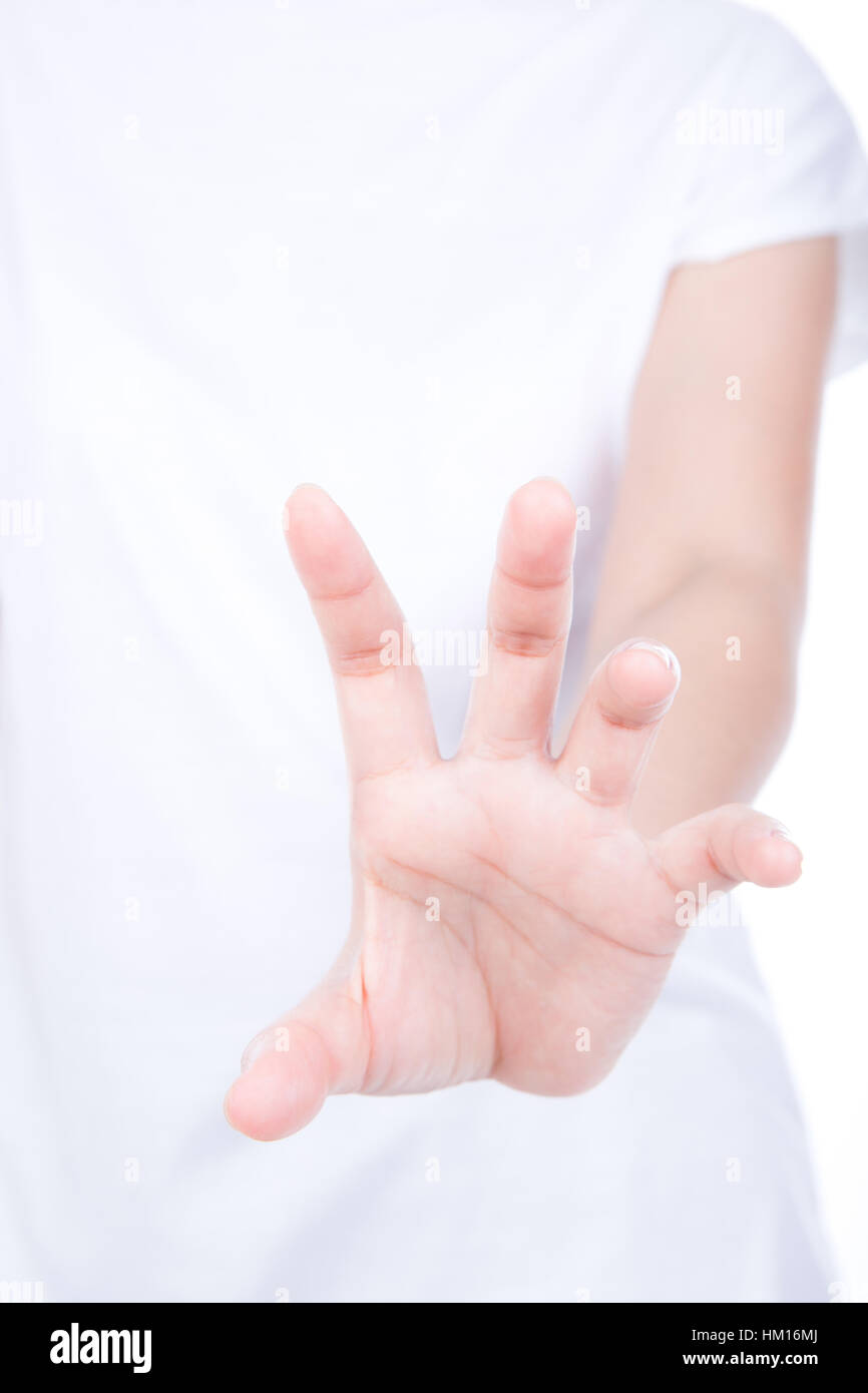 Empty woman hands over body isolated on background Stock Photo - Alamy