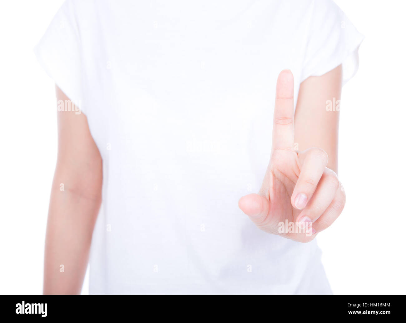 Woman hand simulating pressing a button over body isolated on ...