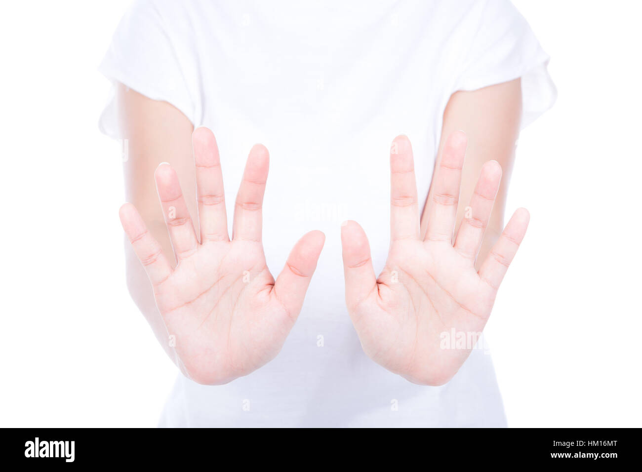 Empty woman hands over body isolated on background Stock Photo - Alamy
