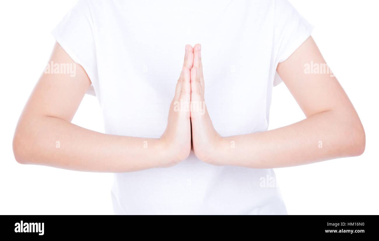 Woman hands greeting over body isolated on background Stock Photo - Alamy