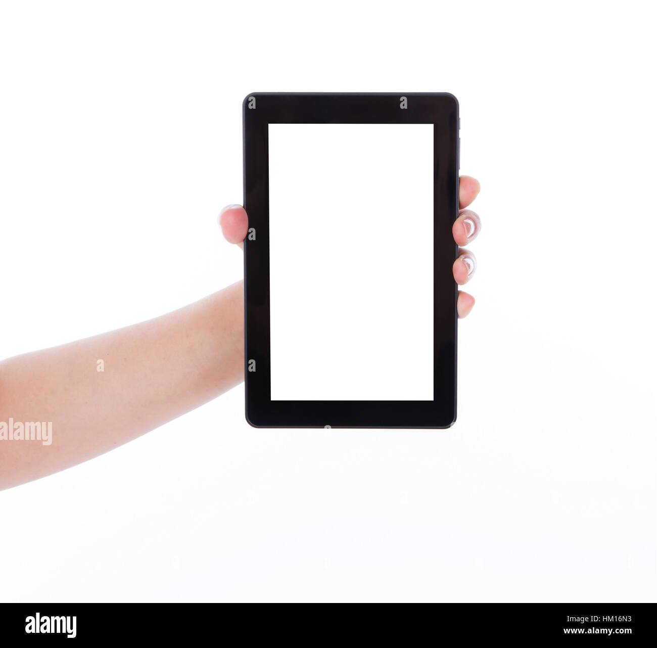 Woman hand using a touch screen device against white background Stock ...