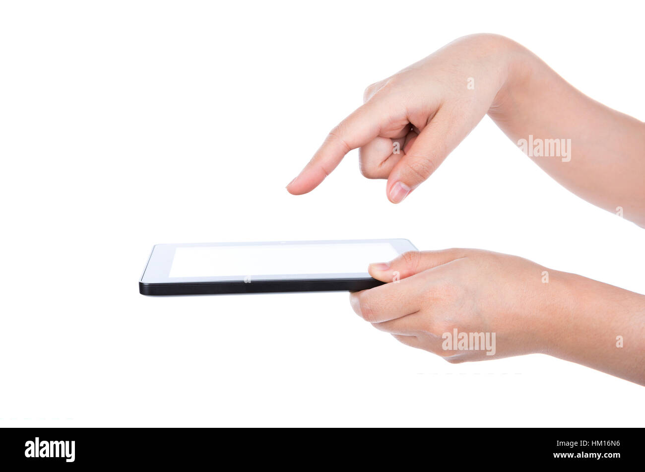 Business man using a touch screen device against white background Stock ...