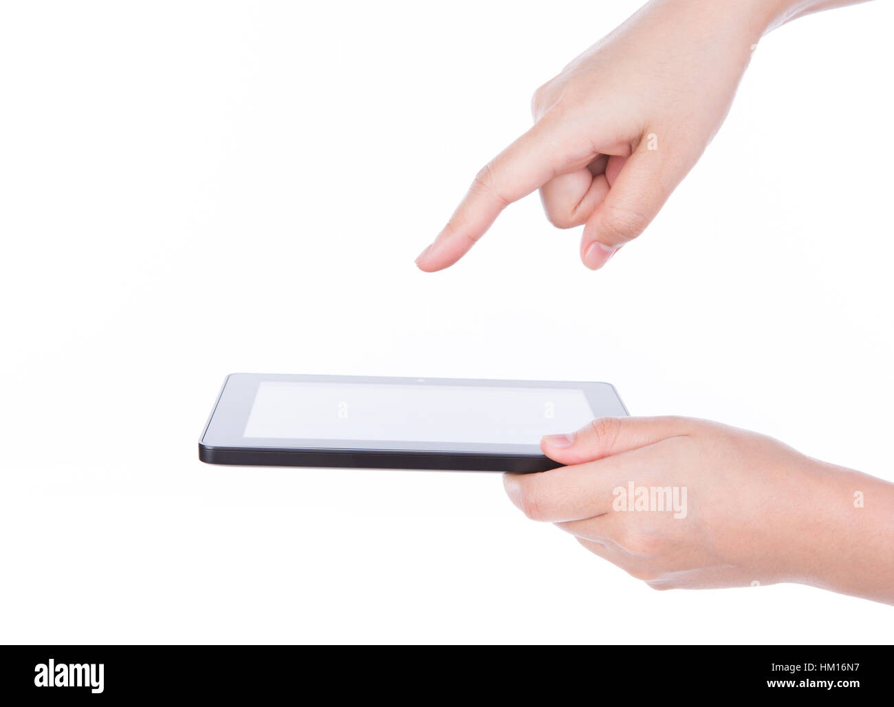 Woman hand using a touch screen device against white background Stock ...