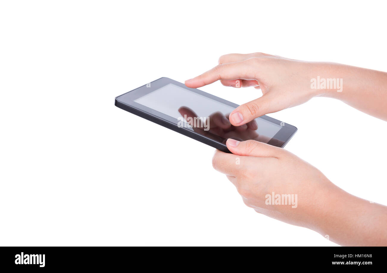 Business man using a touch screen device against white background Stock ...