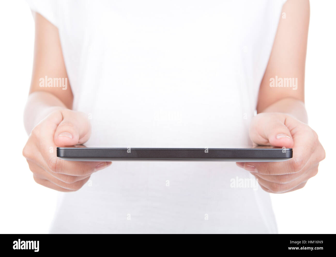 Woman hand using a touch screen device against white background Stock ...