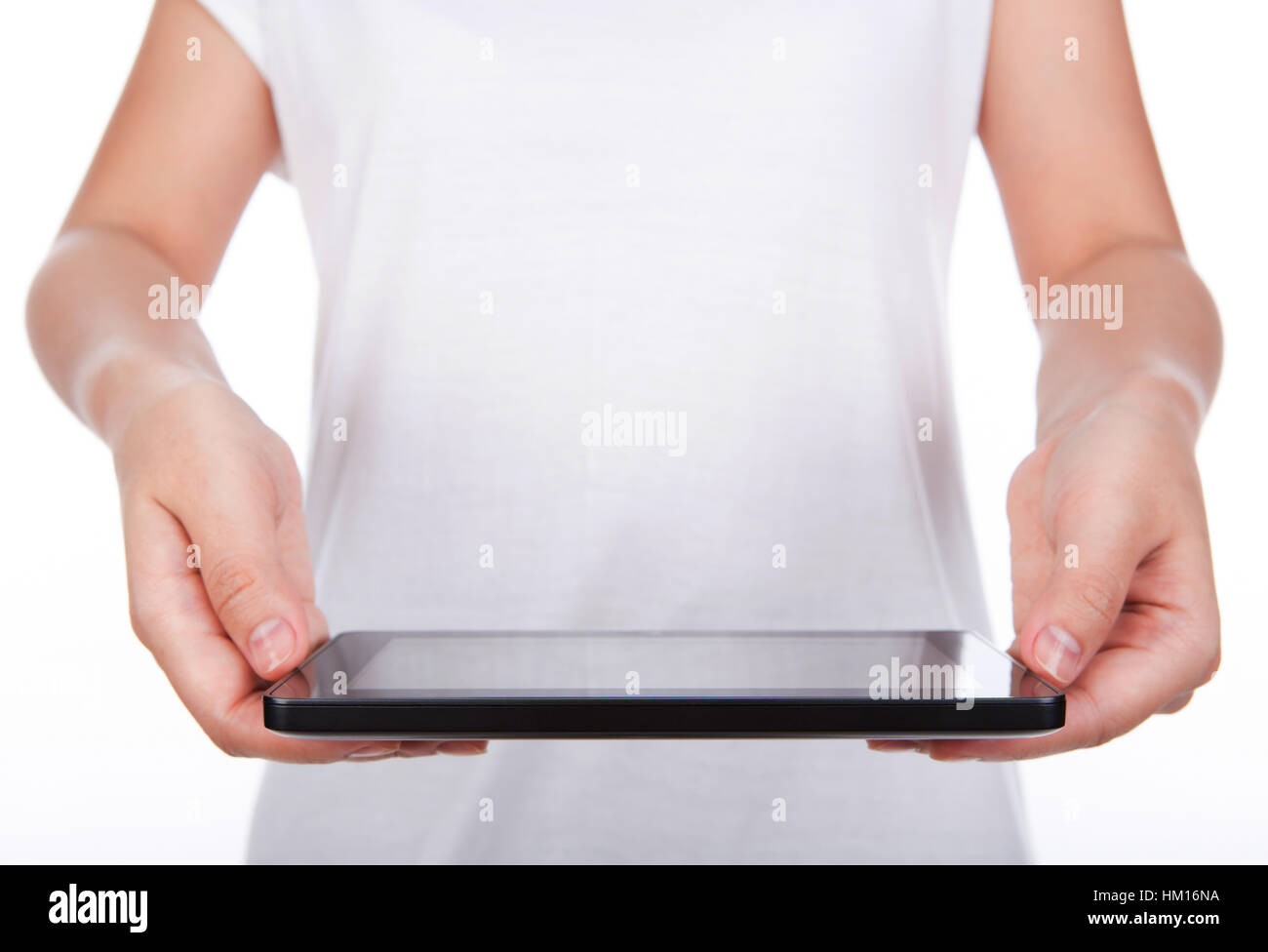 Woman hand using a touch screen device against white background Stock ...