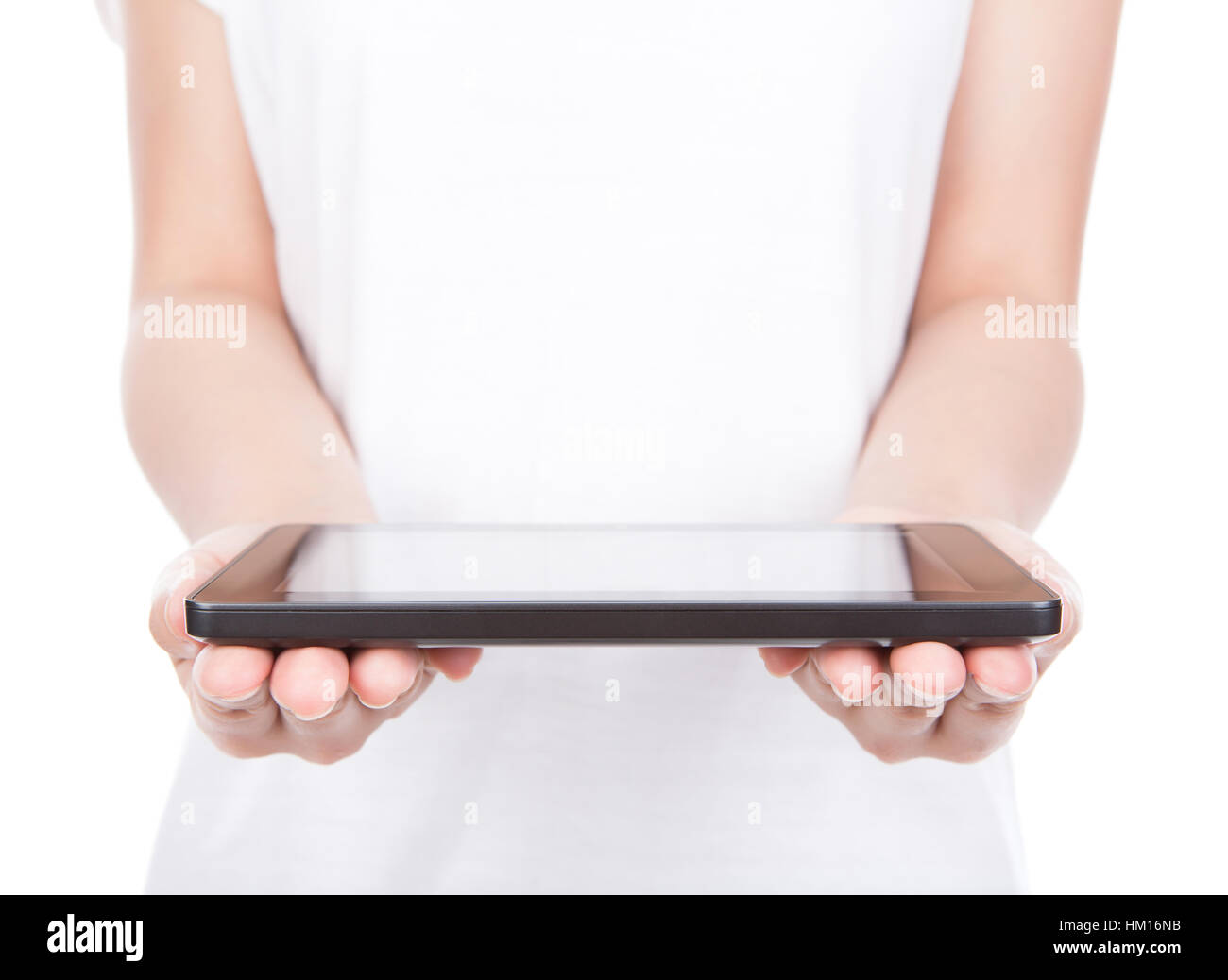 Woman hand using a touch screen device against white background Stock ...
