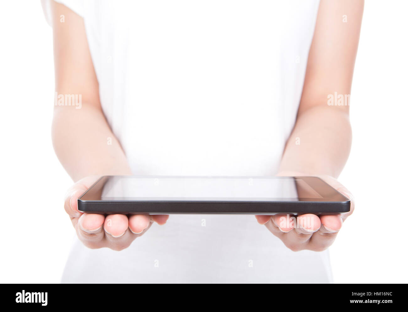 Woman hand using a touch screen device against white background Stock ...
