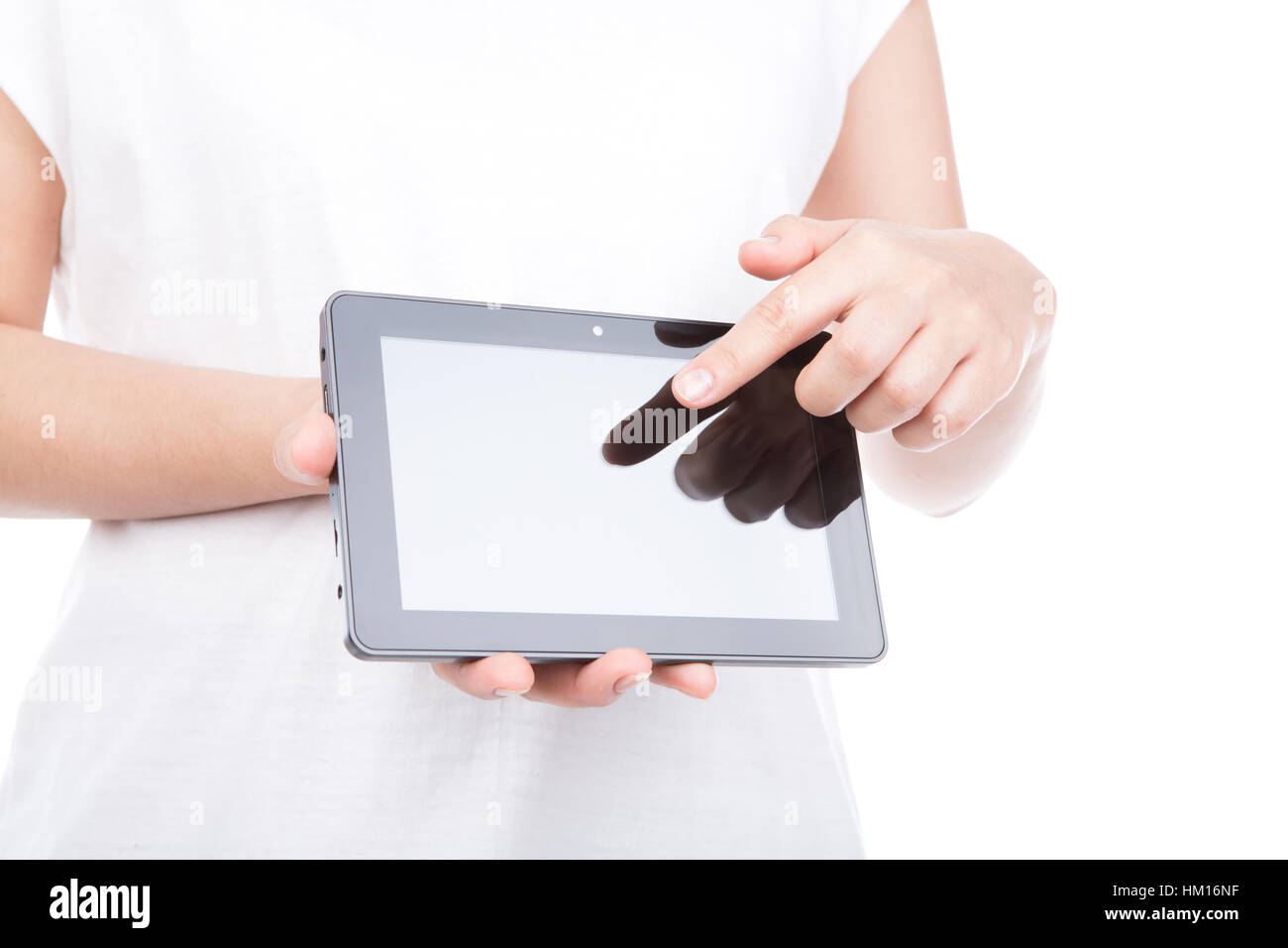 Woman hand using a touch screen device against white background Stock ...
