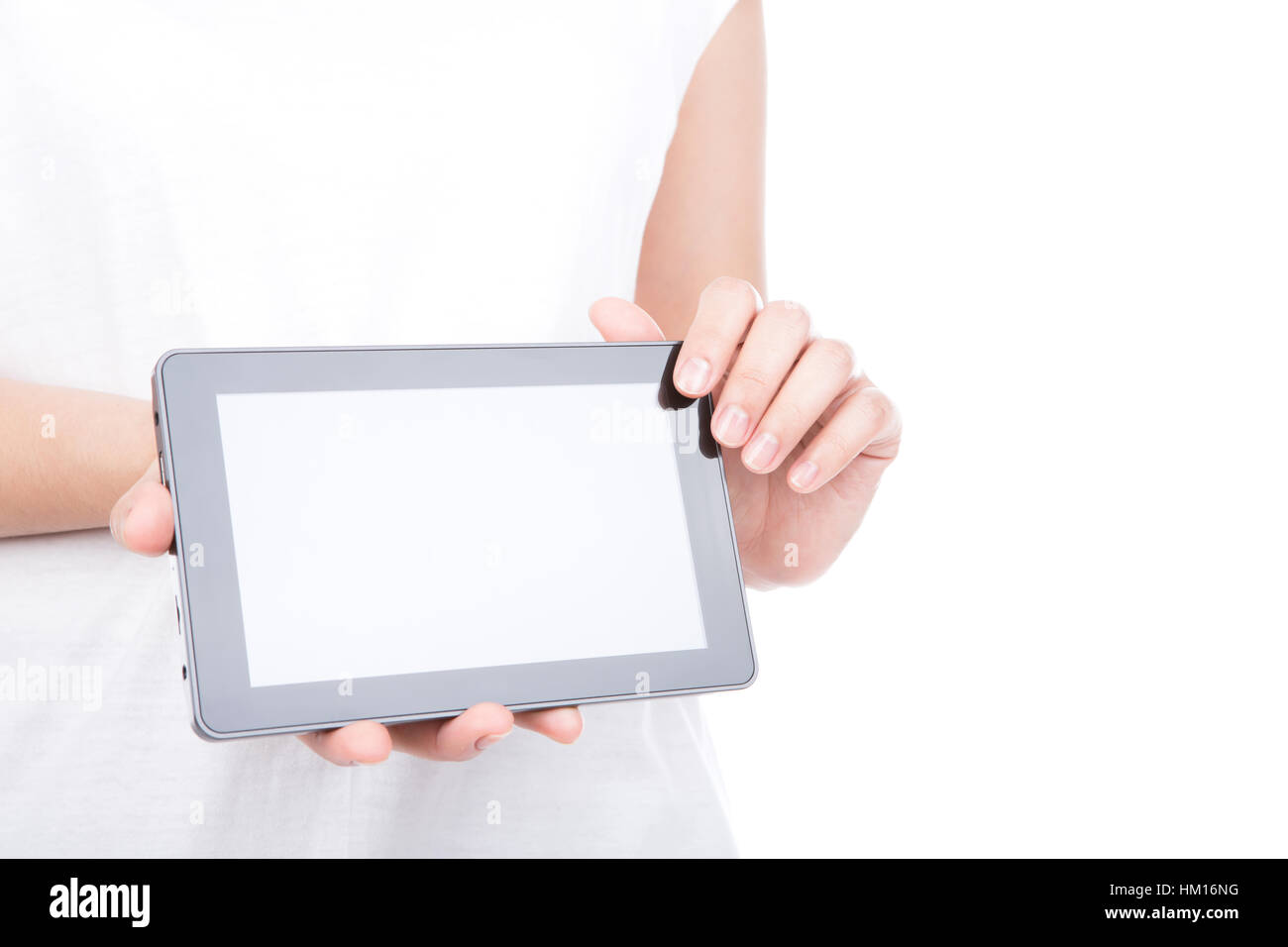 Woman hand using a touch screen device against white background Stock ...