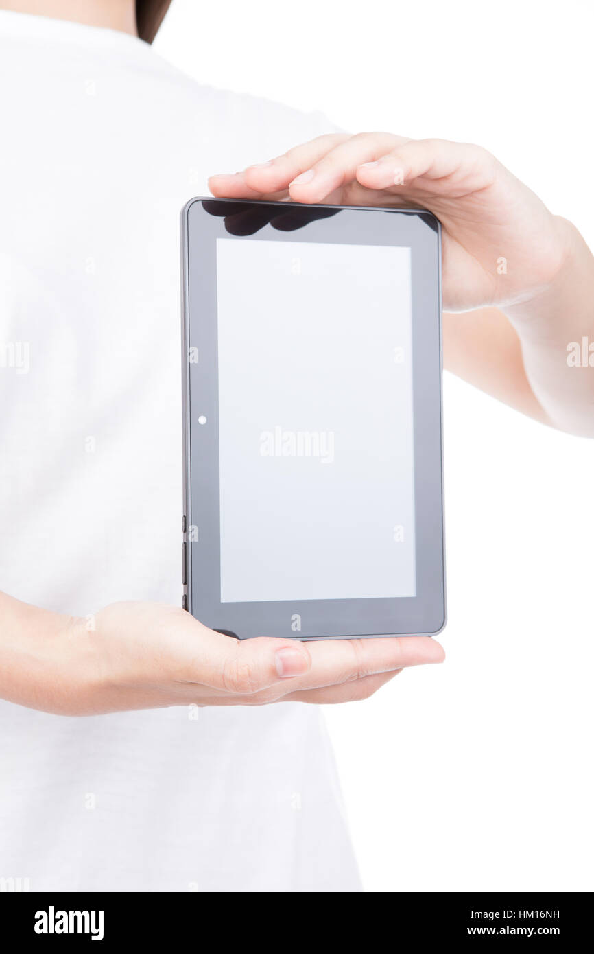 Woman hand using a touch screen device against white background Stock ...