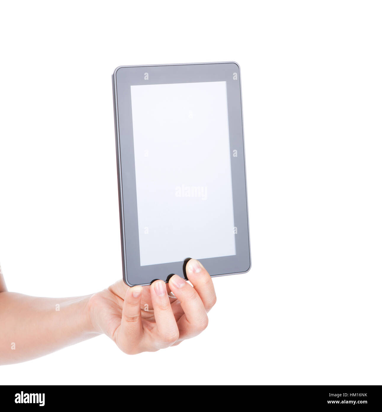 Woman hand using a touch screen device against white background Stock ...