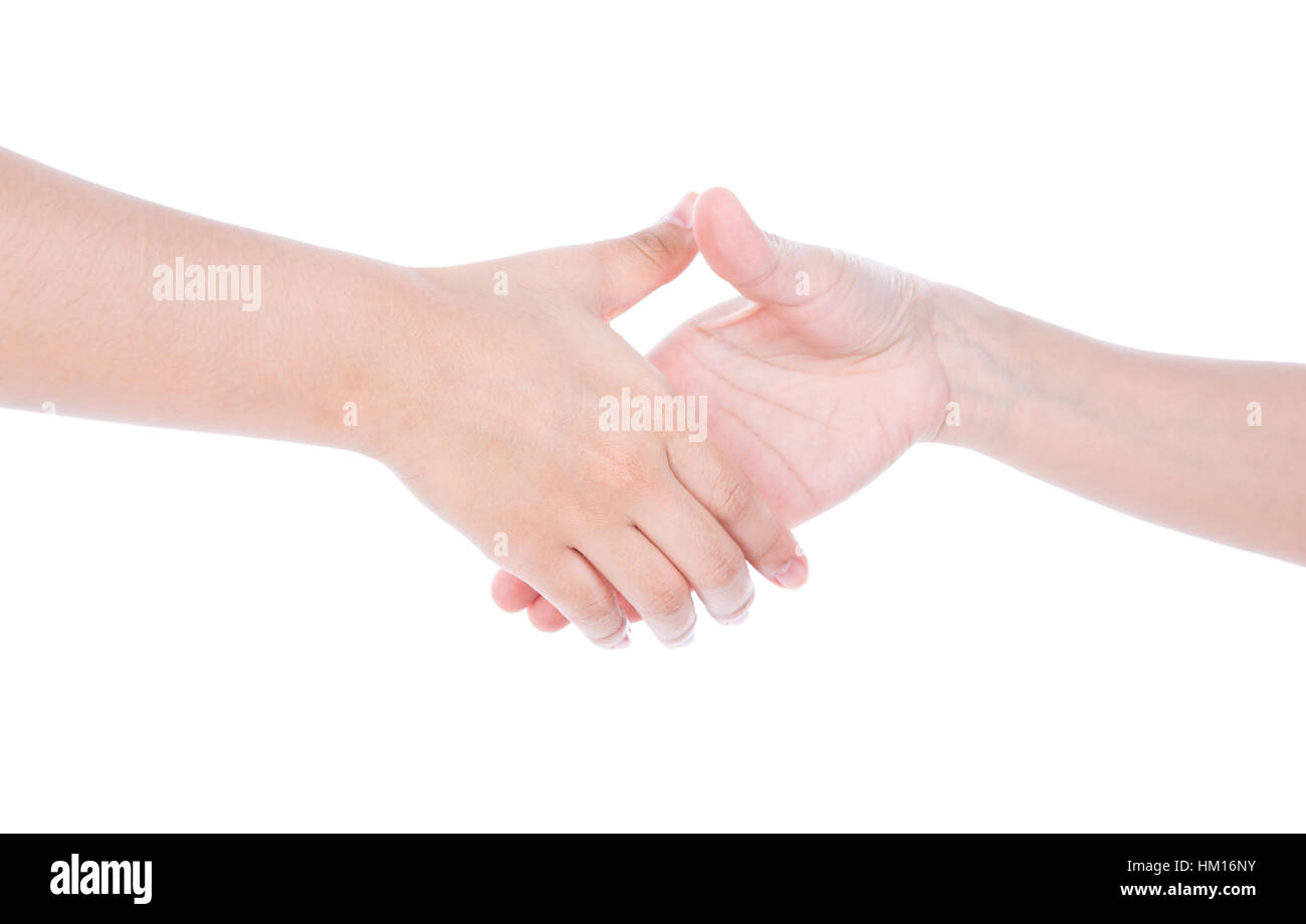 Closeup picture of woman shaking hands isolated on white background ...