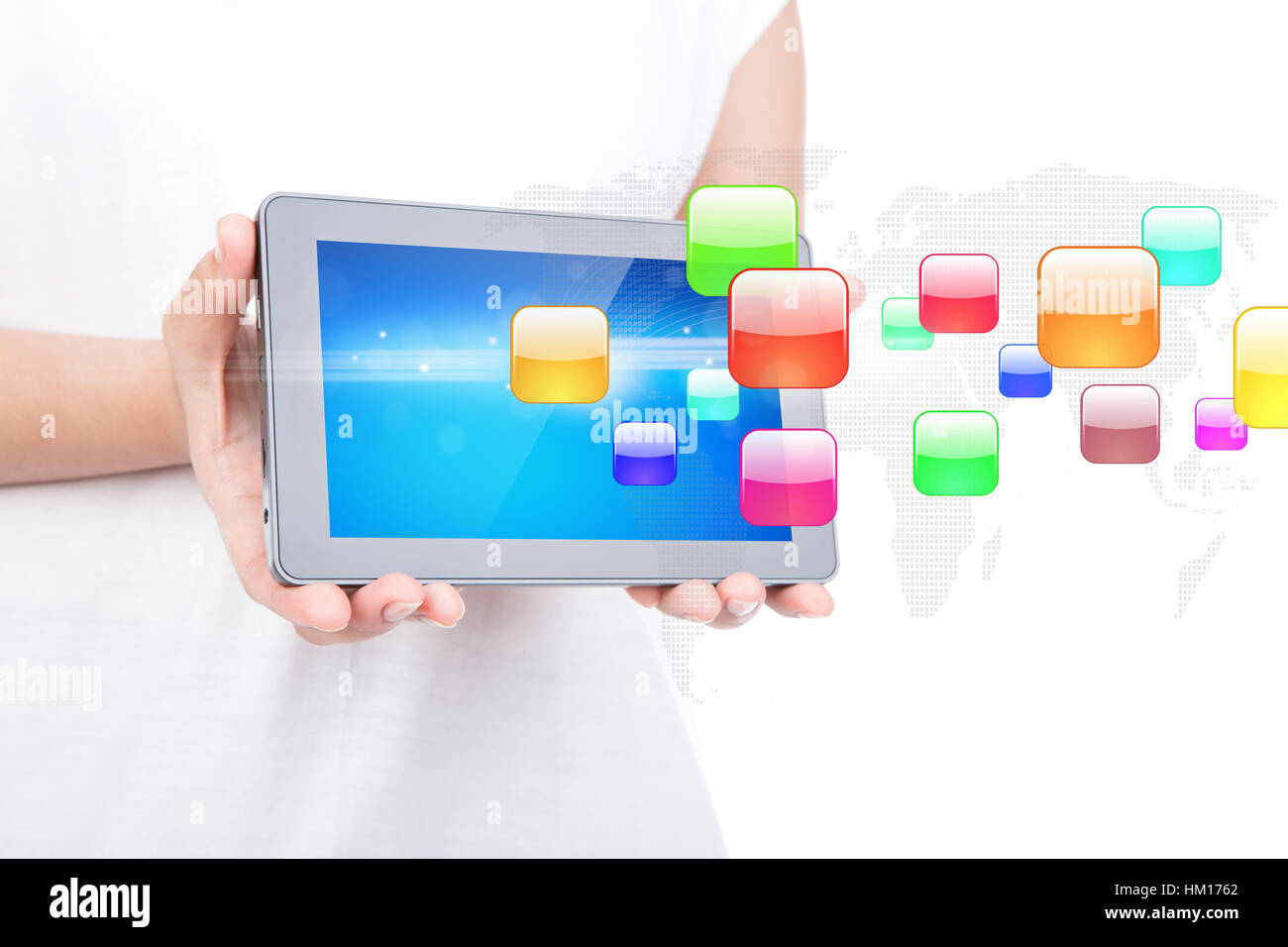 Woman hand using a touch screen device against white background Stock ...