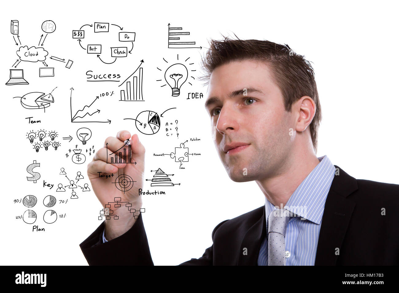 Businessman hand drawing business concept isolated on white background ...