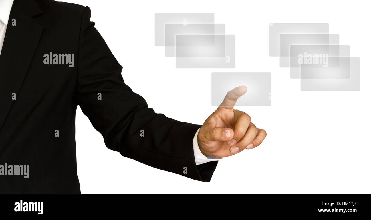 Business man pushing a button on a touch screen interface Stock Photo ...