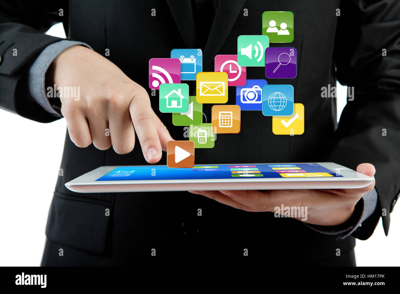 Business man use tablet pc computer with colorful application Stock ...