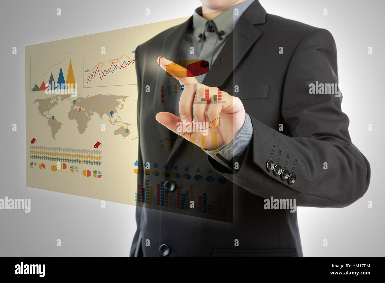 Business man pressing high tech type of modern graph on a virtual ...